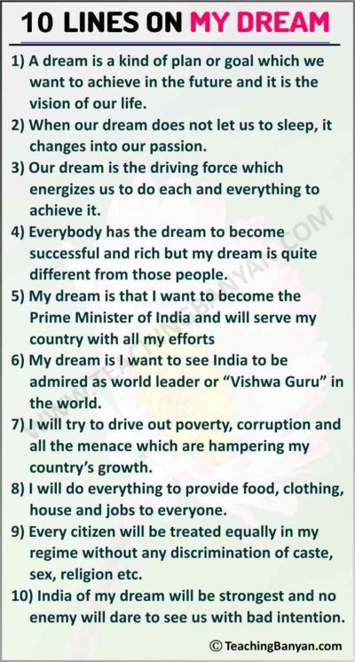 10 Lines on My Dream for Children and Students of Class 1, 2, 3, 4, 5, 6