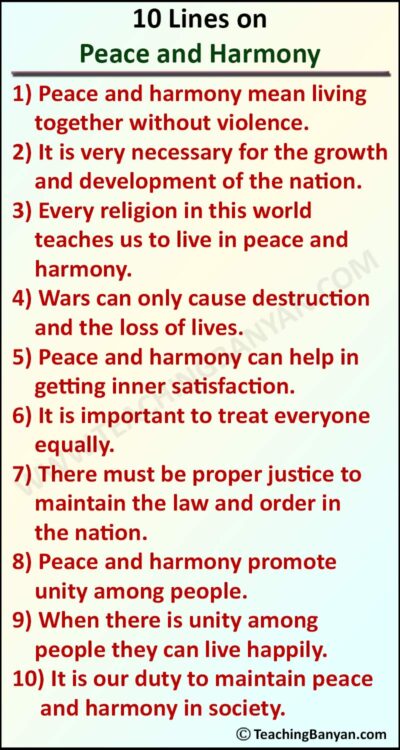 10 Lines on Peace and Harmony for Students of Class 1, 2, 3, 4, 5, 6