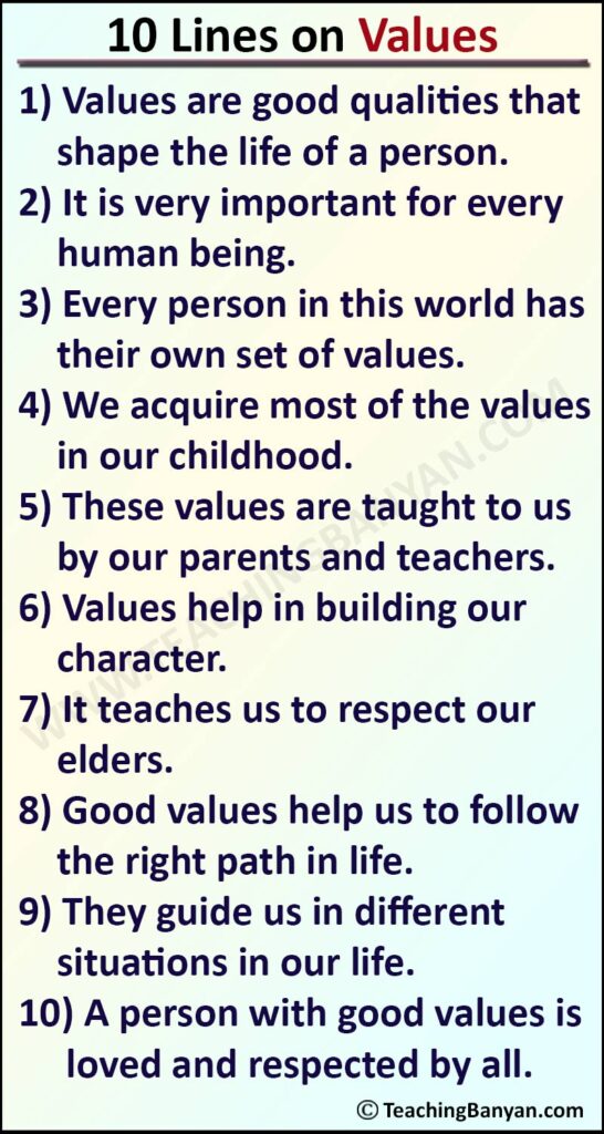 10 Lines on Values for Children and Students of Class 1, 2, 3, 4, 5, 6
